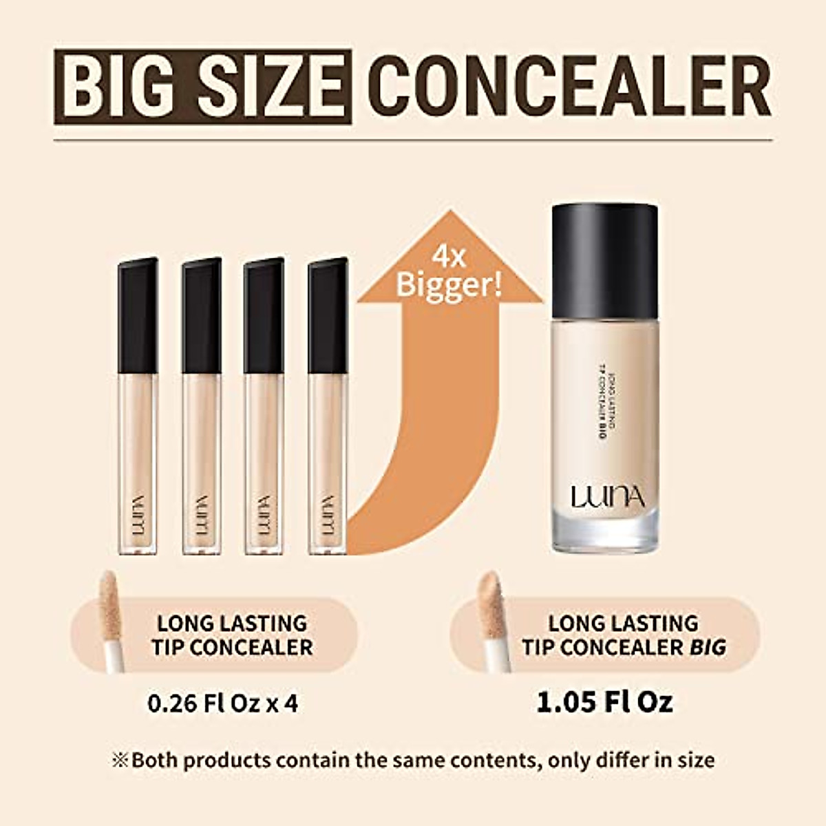AEKYUNG LUNA Long Lasting BIG Concealer, Korean Makeup, Full Coverage High Adherence For Under Eye Dark Circles, 02 Beige (1.05 fl. oz)