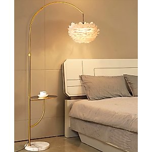 Surpars House White Feather Floor Lamp with Table,Great Floor Light Height Adjustable (Gold)