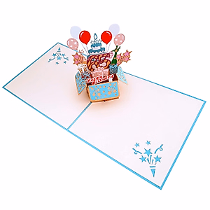 iGifts And Cards Happy 65th Blue Birthday Party Box 3D Pop Up Greeting Card – Sixty-Five, Awesome, Balloons, Unique, Celebration, Presents, Feliz Cumpleaños, Fun, Mom, Dad