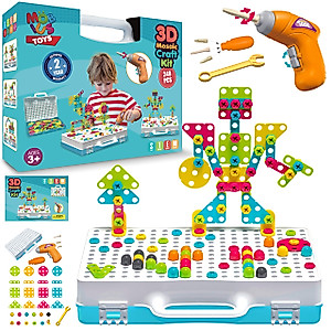249 PCS STEM Learning Toys – Electric Drill DIY Educational Set, Creative Engineering with Various Shapes and 5 Toy Tools – 2&3D Mosaic Construction Kit for Toddlers, Boys and Girl Ages 3 4 5 6 7 8 9
