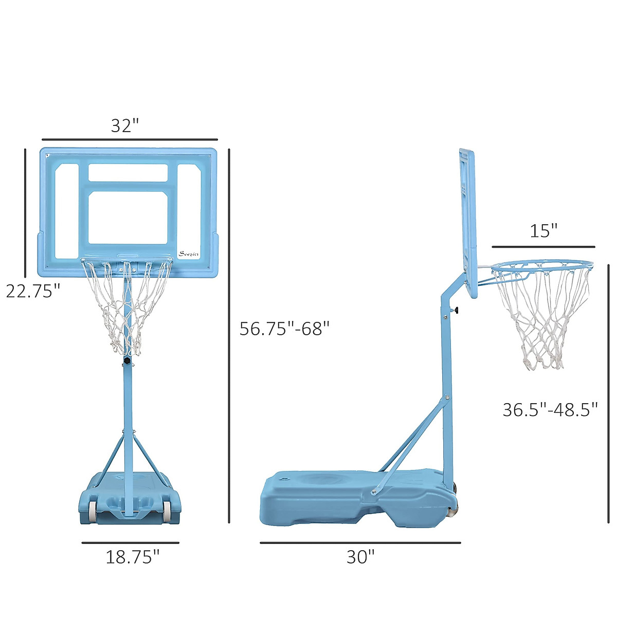 Soozier Poolside Basketball Hoop Stand, 36.5"-48.5" Height Adjustable Portable Hoop System w/Clear Backboard & Fillable Base for Whole Family, Blue, White