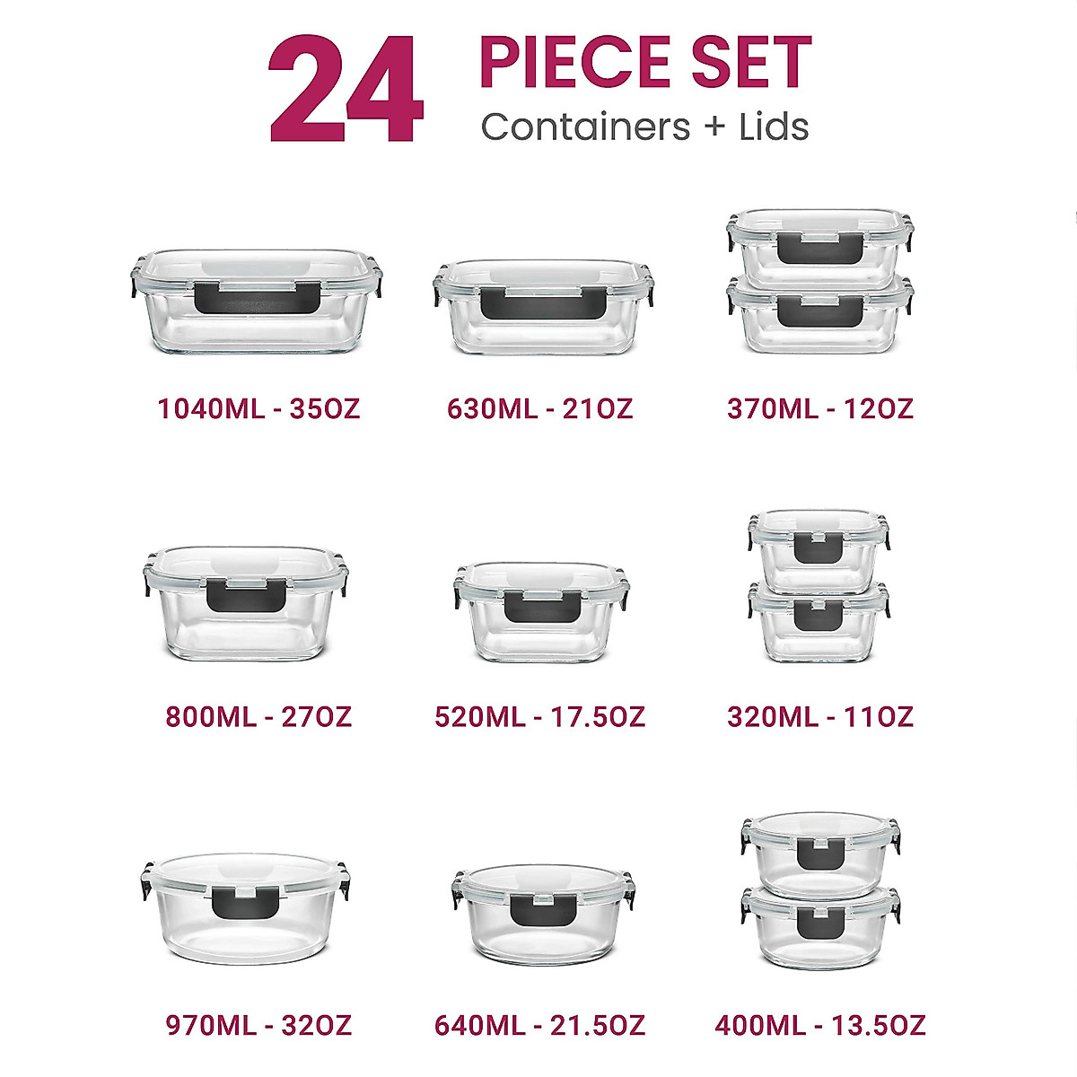 FineDine 24-Piece Superior Glass Food Storage Containers Set - Newly Innovated Hinged Locking lids - 100% Leakproof Glass Meal-Prep Containers, Great On-the-Go & Freezer-to-Oven-Safe Food Containers