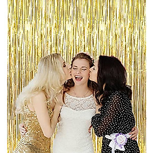 Gold Metallic Tinsel Foil Fringe Curtains | 2pcs 3.2ft x 8.2ft Gold Backdrop Party Streamers for Birthday Wedding Engagement Bridal Shower Baby Shower Bachelorette Party Decorations