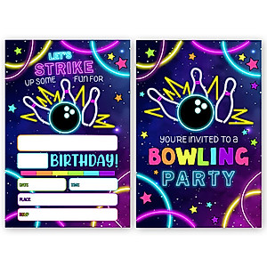 FujLoy Bowling Birthday Invitation, Bowling Birthday party Invitation Cards, Rainbow Neon Glow Bowling Invite.（052）