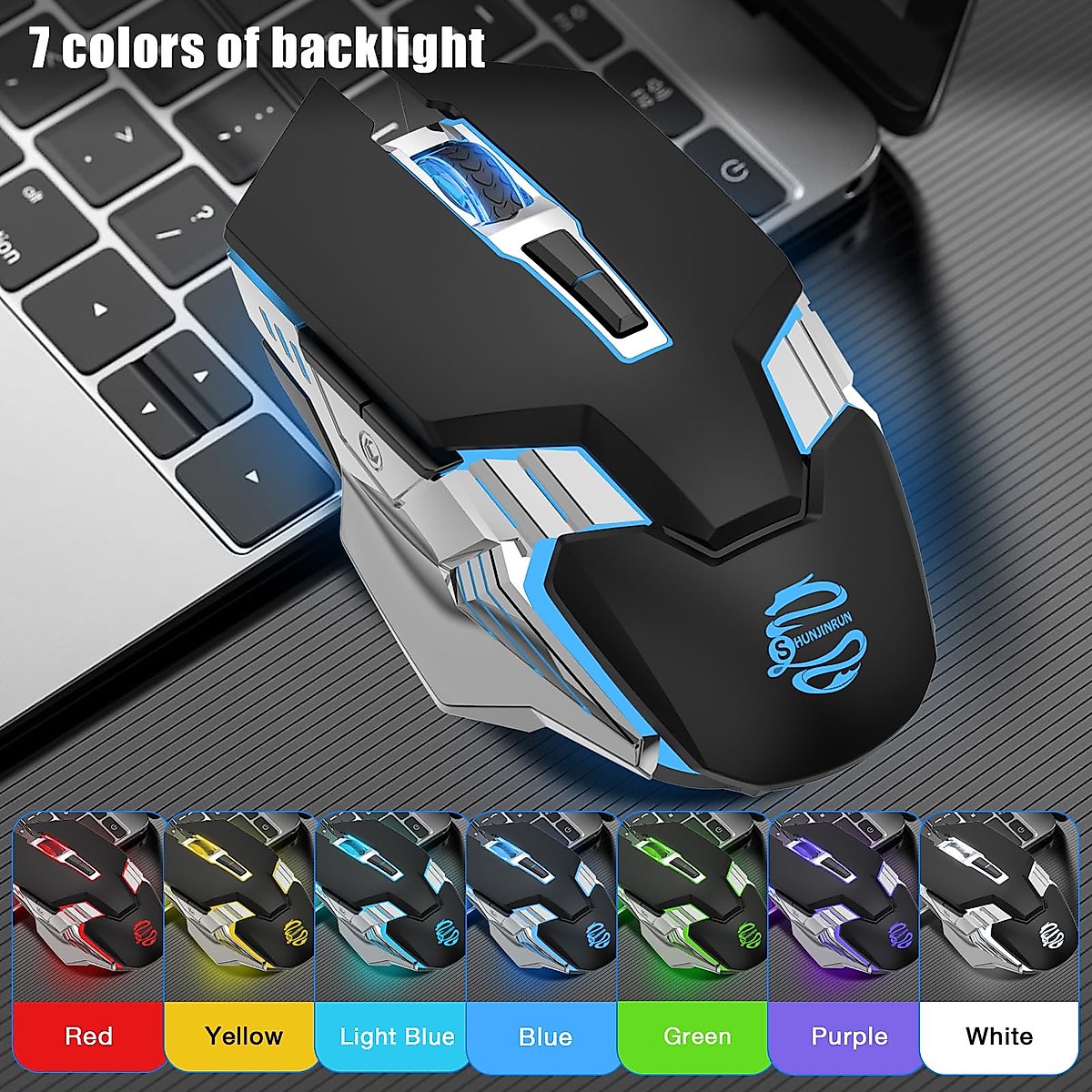 Bluetooth Mouse Rechargeable, Wireless Gaming Mouse Multi Device(BT5.0/3.0+2.4G) with Side Buttons, USB Receiver, RGB Backlit, Cordless Computer Mice for Laptop, Windows PC Mac Tablet(Black-Mute)