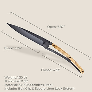 deejo Ultra Lightweight Folding Pocket Knife with Belt Clip - Olive Wood Version 1.3 oz - Fine, Sharp Blade - Black Titanium Coating Stainless Steel - Elegant and Modern Design
