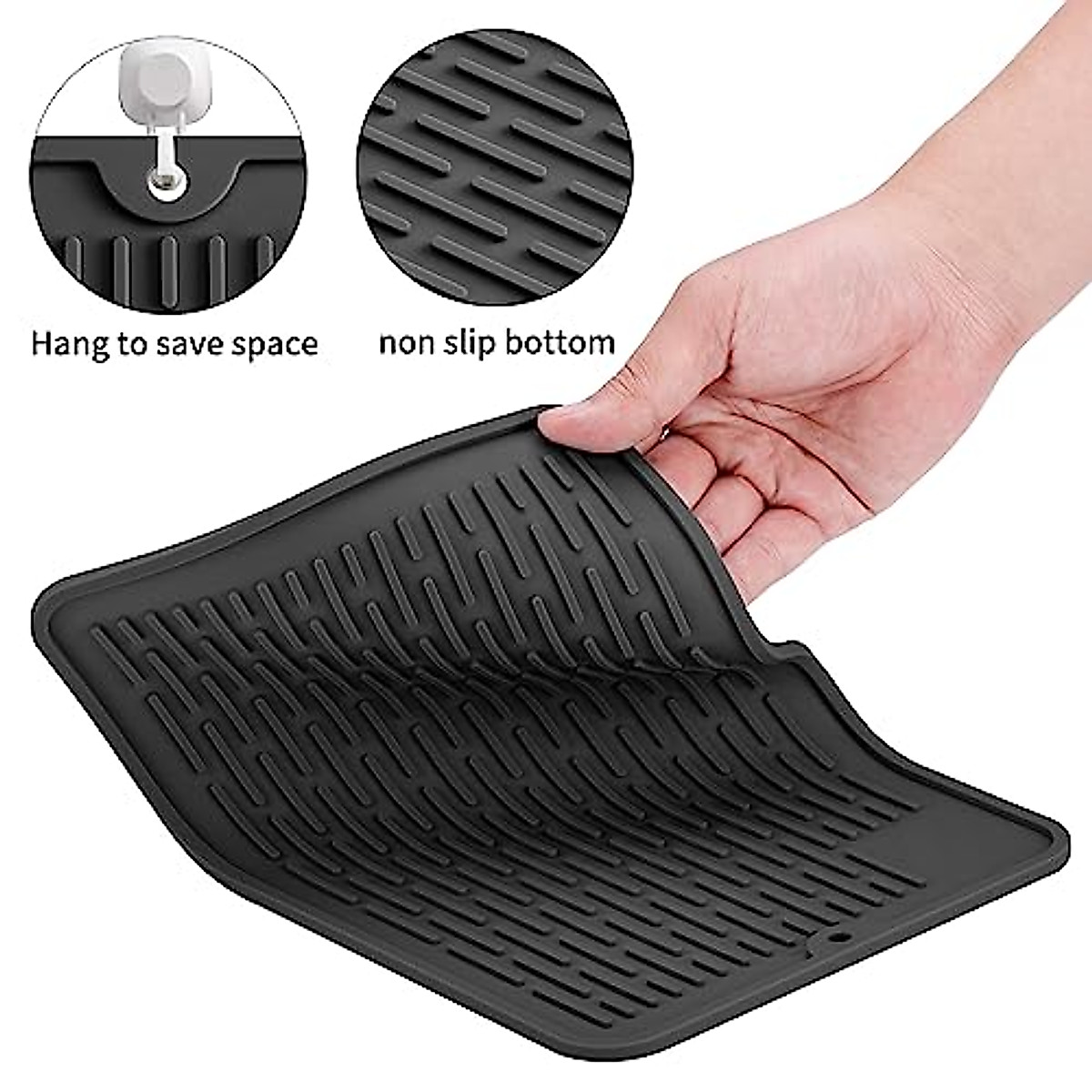 Piduules Eco-friendly Silicone Dish Drying Mat Large Reusable Non-slipping and Heat Resistant Dish Quick Drying Pad, Dishwasher Safe Dishwasher Safe, Black S 11.8"x7.8"