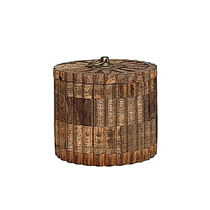 Creative Co-Op 5.75 Inches Round Carved Mango Wood Pleated Lid and Metal Pull, Natural and Antique Gold Finish Display Box