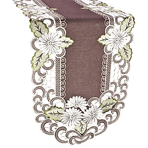 Embroidered Table Runner with Daisy Flowers on Brown, 15 by 34 Inch, Machine ...