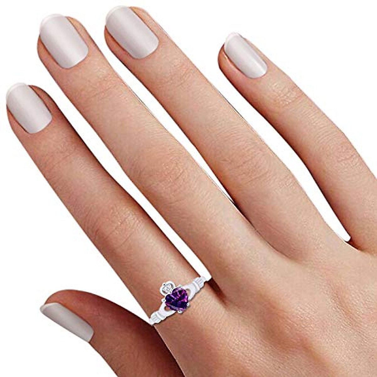 Jewel Zone US Heart Cut Simulated Amethyst & Cubic Zirconia Claddagh Ring In 14k White Gold Over Sterling Silver Jewelry Gift For Her Ring Size-8.5