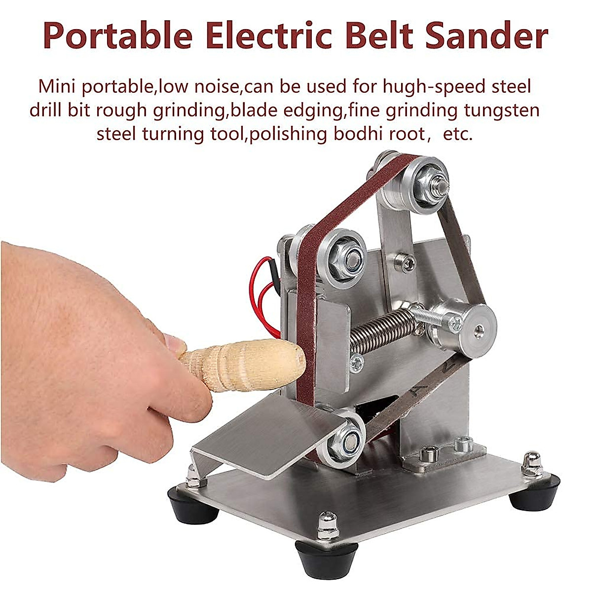 Mini Belt Sander Bench Metal Grinder Knife Making Small Electric Sharpening Machine with 10PCS Sanding Belt Tool Kit 7 Power Speed Polisher for DIY Wood Working Apex Edge Polishing Lijadora de Banda