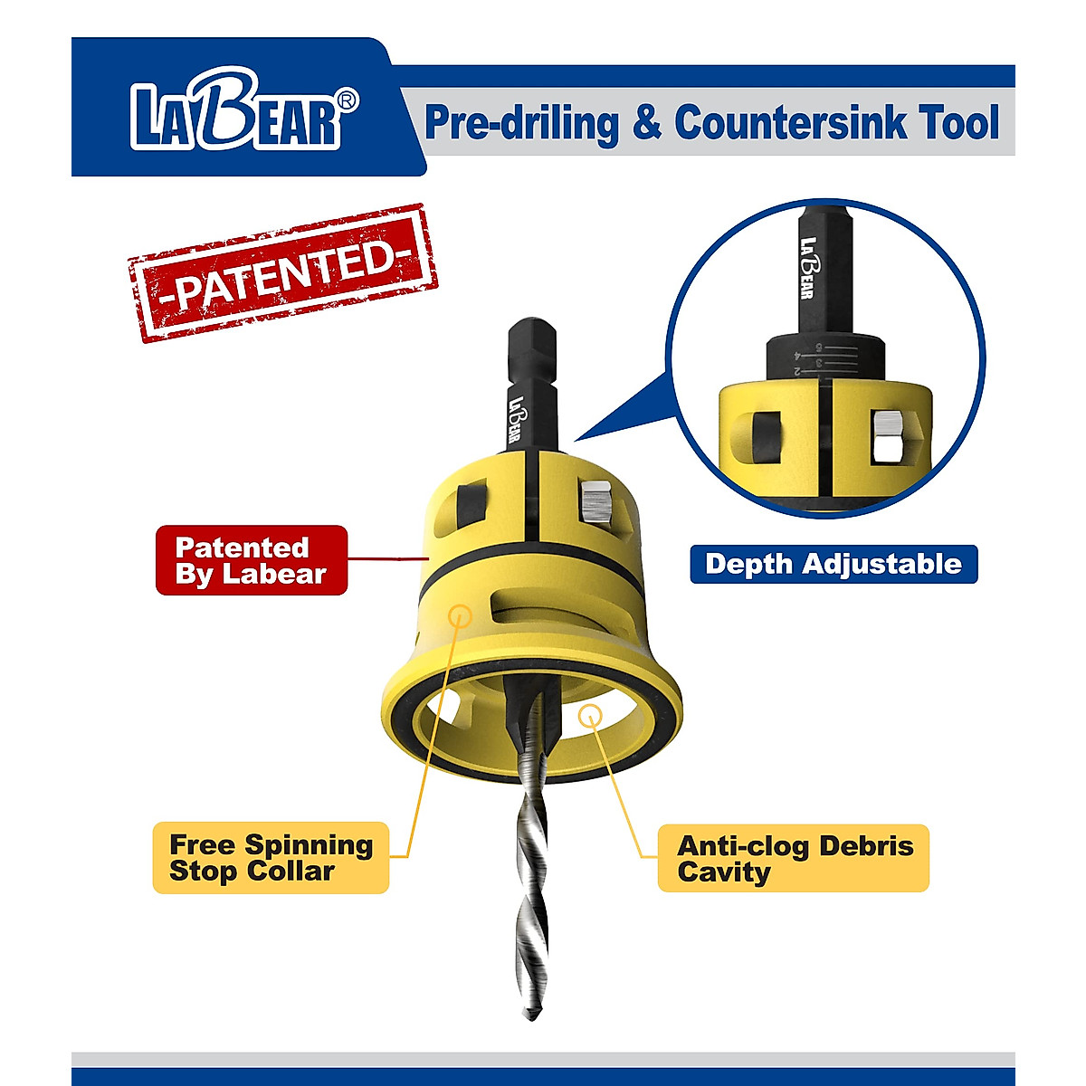 LaBear (#8) Countersink Drill bit Set, Countersink Drill bit, Countersink bit with Replaceable HSS Drill, 1/4" Hex Quick-Change Bits, Adjustable Low Friction Depth