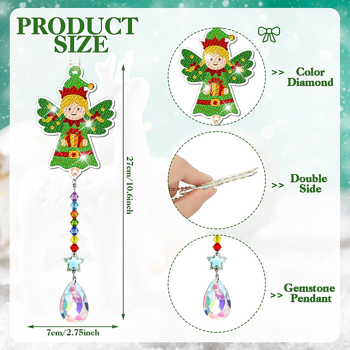 Huwena 9 Pcs Christmas Diamond Art Suncatcher Double Sided Diamond Art Suncatcher Diamond Art Kit Diamond Ornament Diamond Wind Chime for Adults Kid DIY(Angel)