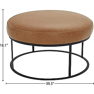 Amazon Brand – Rivet Revere Round Leather Iron-Framed Ottoman, 30.3"W, Cognac