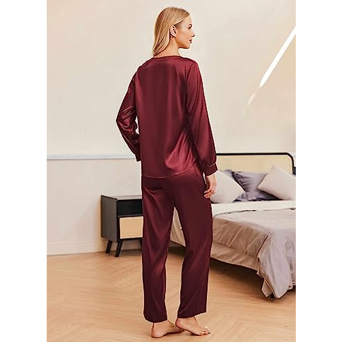 Ekouaer Womens Silk Satin Pajamas Loungewear Two Piece Sleep Set Silk Pjs for Women Winter Long Sleeve Sleepwear Pajamas Set Red S