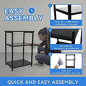 ECOMEX Small Bookshelf, Standing Metal Frame Book Shelves, 3 Tier Industrial Bookshelf Wood Bookcase Shelves Storage for Living Room Bedroom and Office, 3 Tiers Open Shelf/Display Rack, Black