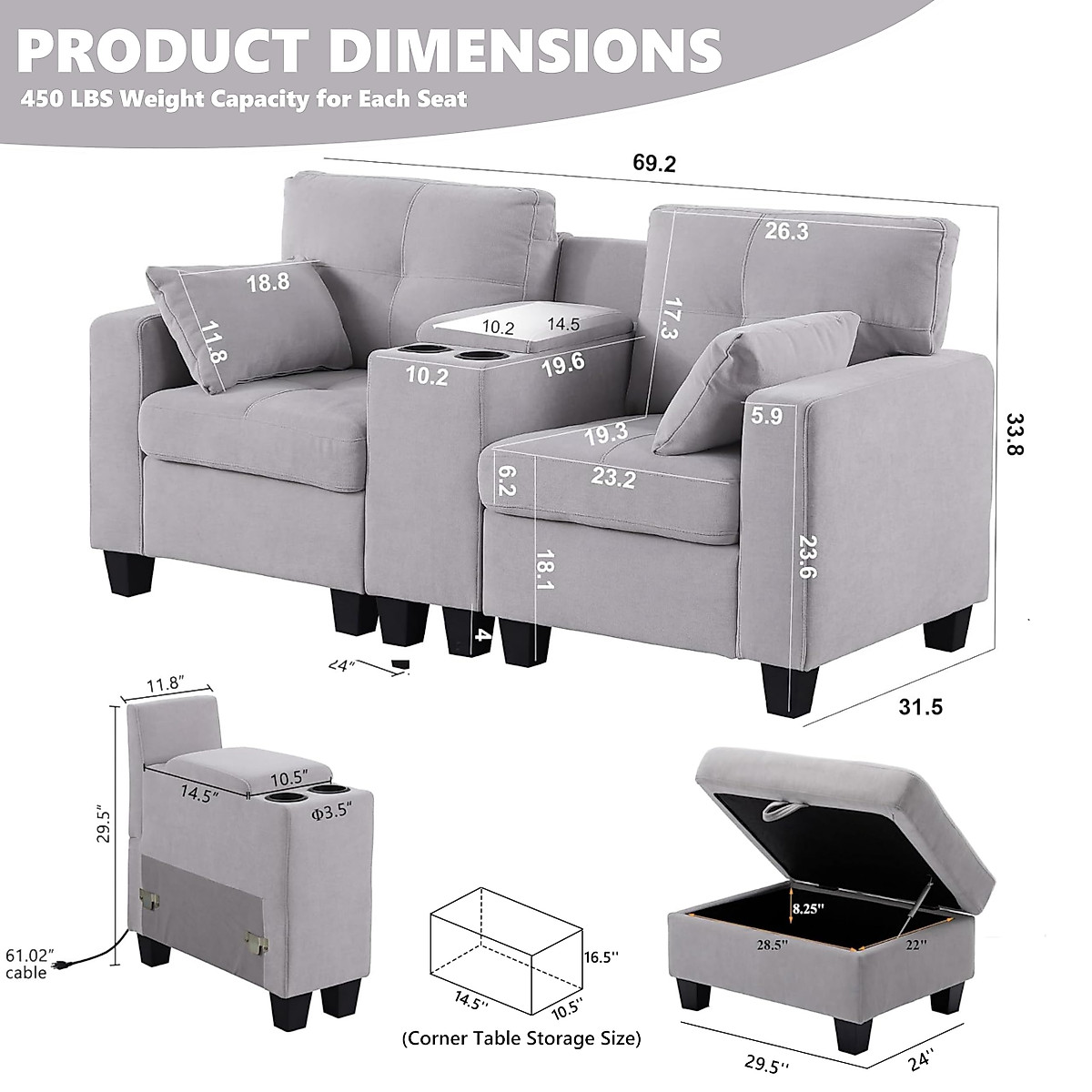 Generic Loveseat Sofa with Storage Ottoman & Console Cupholders, 2 Seater Modular Couch with Charging Station Modern Velvet Small Sectional Couch for Aparment,Home Office, Light Grey, F8001LIST