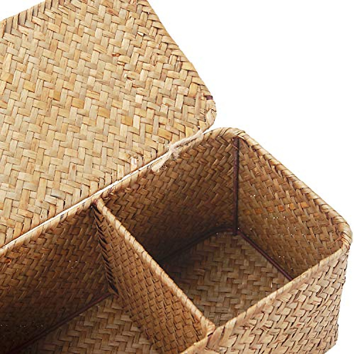 Seagrass Tank Basket with Lid Woven Toilet Roll Storage Basket with Sections Rectangular for Organize Snack Toys (Large Compartment 16.5inch L x 5.5inch W x 5.5inch H)