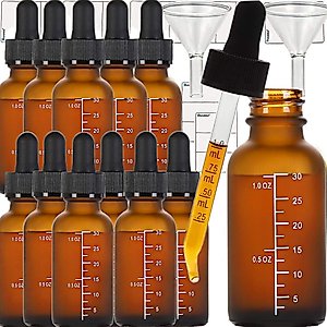 12pcs 30ml Glass dropper Dropper Perfume bottle with non-childproof caps measure scale and strong suction Nozzle bottle with funnel and tags (30ML 12PCS)