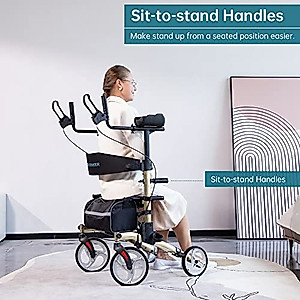 ELENKER Upright Walker, Stand Up Folding Rollator Walker with 10” Front Wheels Backrest Seat and Padded Armrests(Champagne)