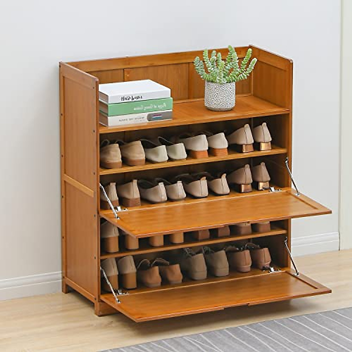 MoNiBloom 5 Tier Shoe Storage Cabinet, Bamboo Shoes Heels Sneakers Rack Organizer with Pull-Down Doors for 16-20 Pairs Entryway Hallway Living Room, Brown