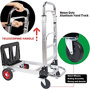 Folding Hand Truck Dolly Heavy Duty Aluminum Hand Truck with Wheels Collapsible 2 in 1 Convertible Hand Truck - 330 lbs Load Capacity, Multi-Position Hand Truck Dolly Cart with Telescoping Handle
