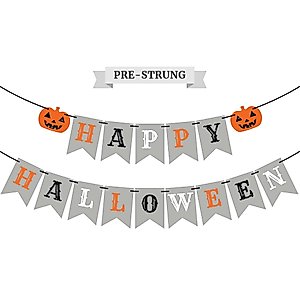 Pre-Strung Happy Halloween Banner - NO DIY - Black Glitter Halloween Banner - Pre-Strung Garland on 8 ft Strand - Pumpkin Jack O'Lantern Halloween Party Decorations & Decor. Did we mention no DIY?