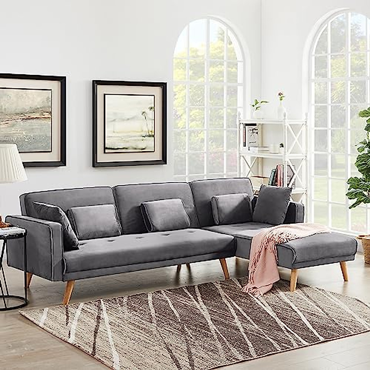 Penifun L Shaped Couch Sectional Sofa 3 seat Set for Living Room, 104.5" W 3 Seater Right Chaise Lounge, Convertible Folding Futon Bed Sleeper with 3 Pillows & 3 Backrest Settings-120°/150°/180°, Gray