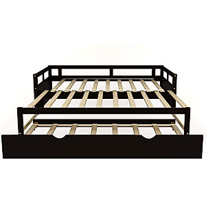 Wood Daybed with Roll Out Trundle Bed for Kids Teens Adult Extending Sofa Bed Frame with Wooden Slats Support for Small Space, Convertible Twin To King Size Design, No Box Spring Needed (Espresso)