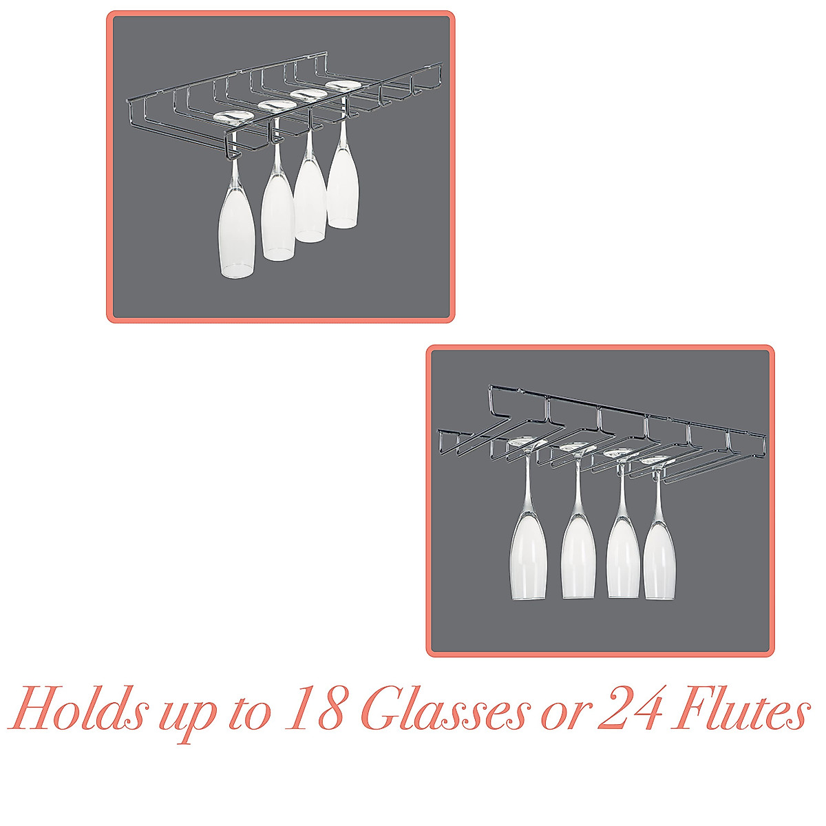 Kitchen Details Stemware Drying Rack | Hanging Wine Glass Holder | Under Cabinet Mount | Holds 18 Glasses | Prevents Water Marks | Kitchen Storage & Organization | Chrome