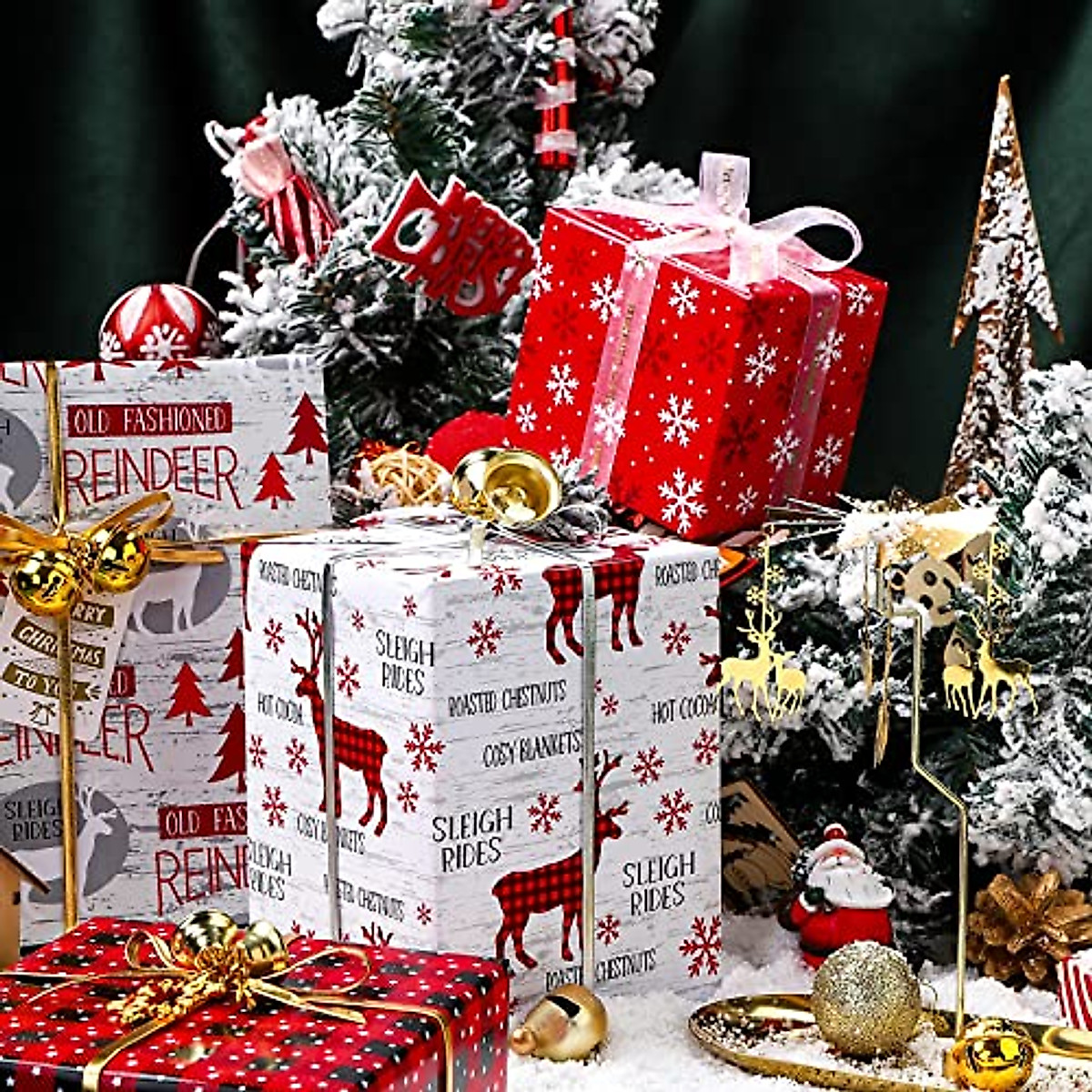 WRAPAHOLIC Christmas Wrapping Paper Roll - Rustic Holiday Woodland Scenes - Snowflake, Plaid, Reindeer - 4 Rolls - 30 Inch X 120 Inch Per Roll
