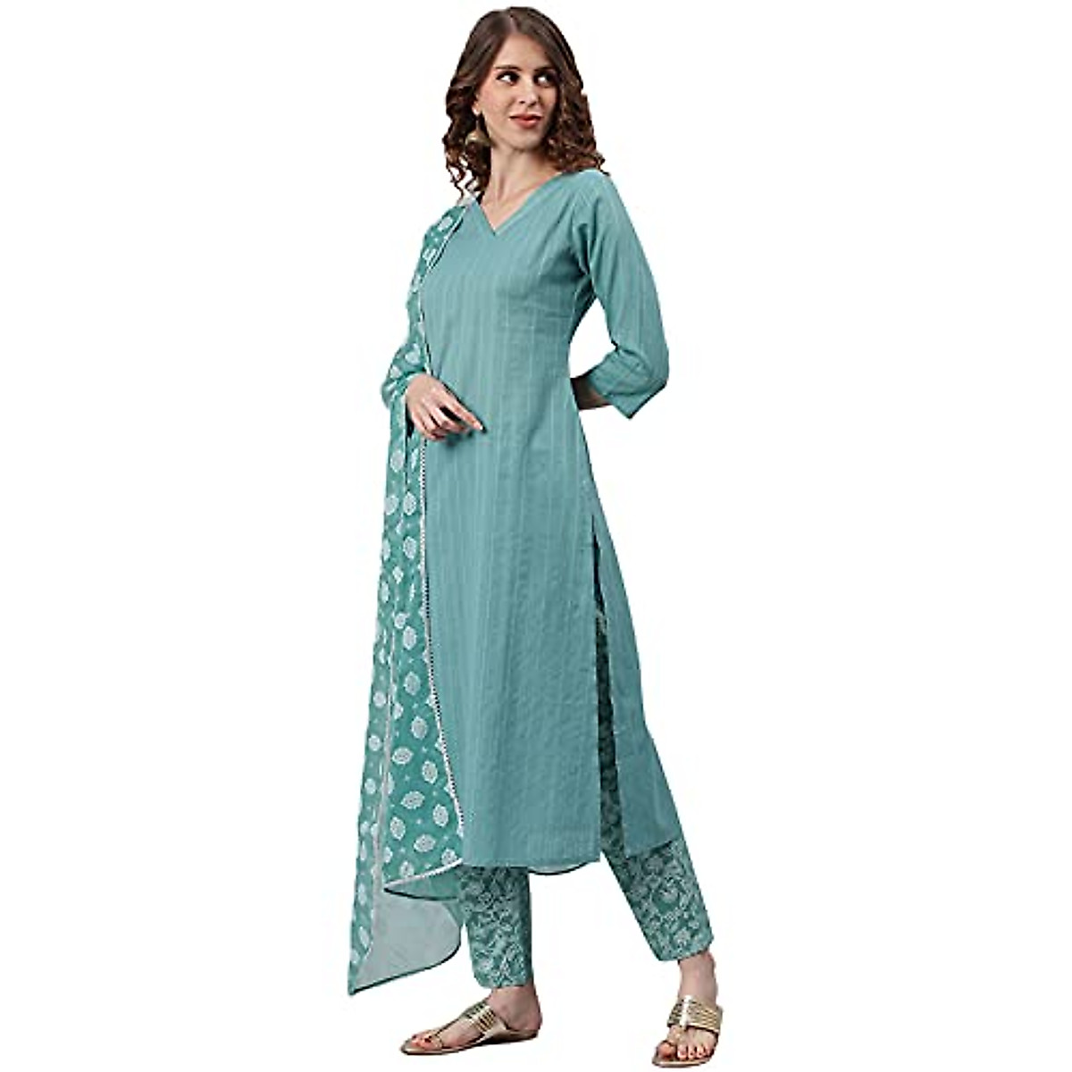 Janasya Women's Blue Cotton Kurta With Pant And Printed Dupatta