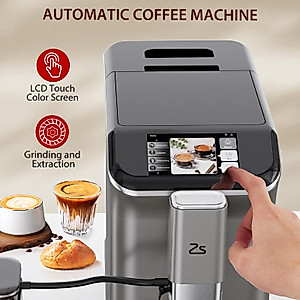 Takywep Fully Automatic Espresso Machine with Grinder & Automatic Milk Frother, 20-Bar, Touch Display, 7 Coffee Varieties, One-Touch Single/Double Shot for Espresso, Silver