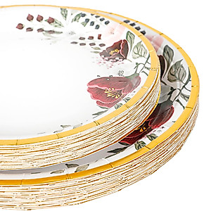 350 Pcs Red Floral Party Supplies Set, plates, napkins, cups and gold plastic cutlery set for 50 Guest for Bridal Shower, Baby Shower, Birthday,Wedding,Bachelorette party Supplies