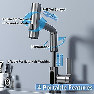 BARROCK Waterfall Bathroom Faucets with Pull Down Sprayer, Modern Pull Out Bathroom Sink Faucet with Digital Temperature Display, Height Adjustable Basin Mixer Tap No Battery Needed, Gun Grey