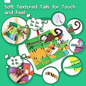 beiens Baby Books Toys, Touch and Feel Crinkle Cloth Books for Babies, Infants & Toddler, Early Development Interactive Car & Stroller Soft Toys Gifts for Boys & Girls (Jungle Tails-1 Book)