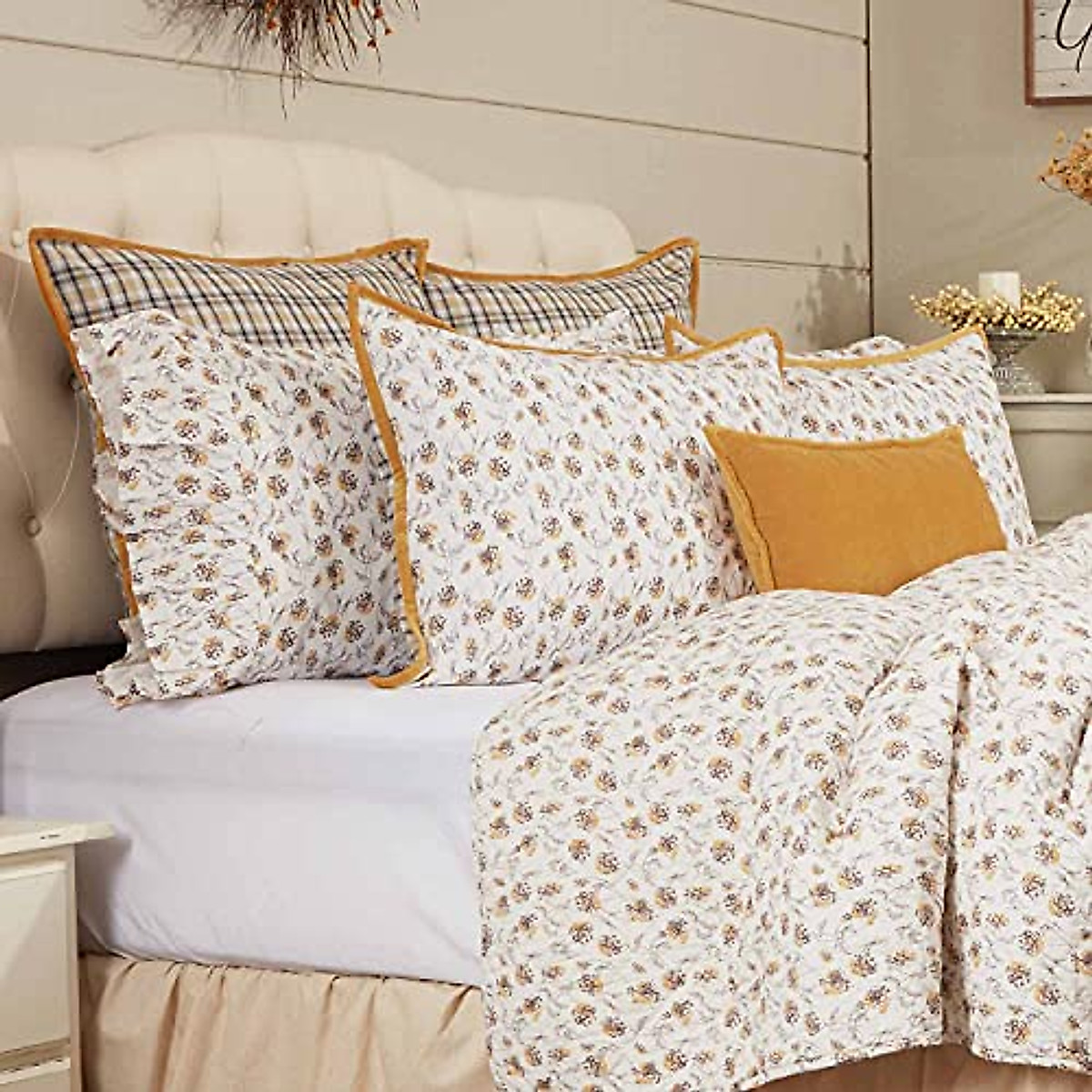Morning Meadow Floral King Quilted Bedspread, 95" L x 105" W, Mustard and Yellow Printed Flowers on an Off White Quilt, Farmhouse, Country Cottage, Vintage Bedding