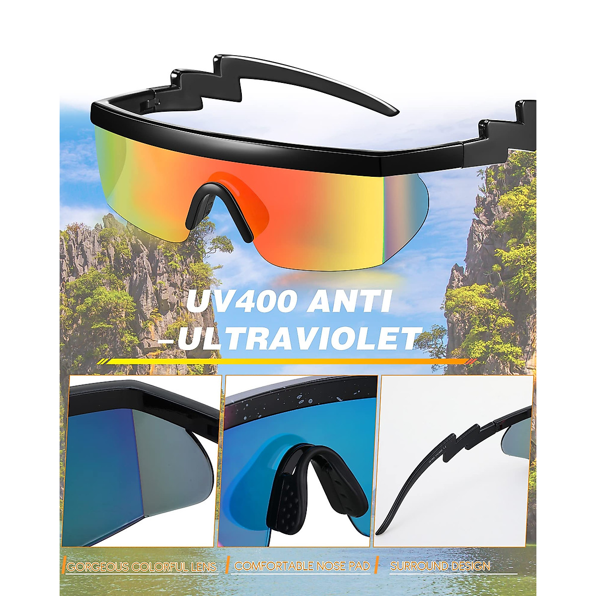 Fabbay 12 Pairs 90s Sunglasses Neon Semi Rimless Rainbow 80s Zigzag Sunglasses Goggle Style Retro Rave Shades Glasses for Men Women Halloween Cosplay