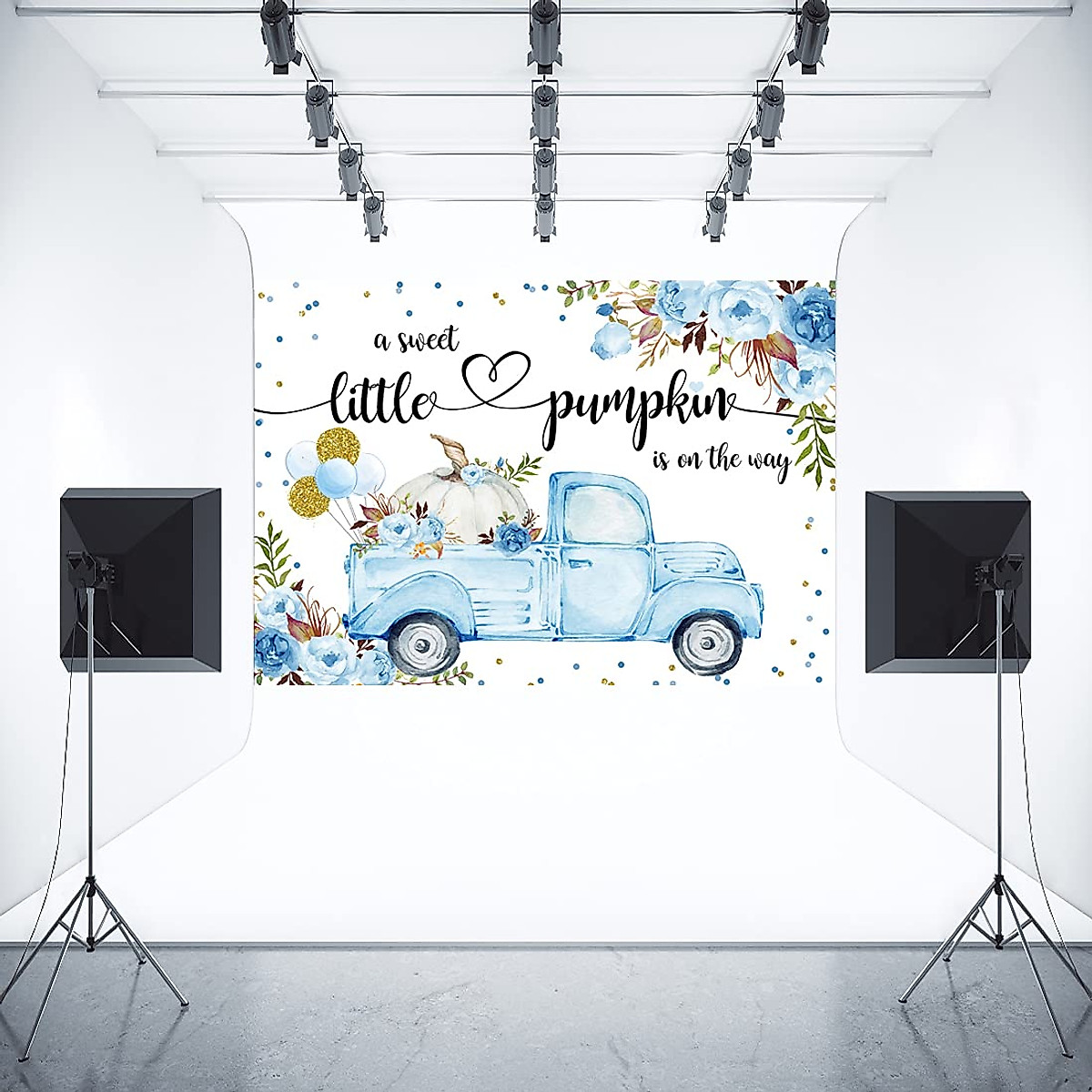 Aperturee Little Pumpkin Baby Shower Backdrop 7x5ft A Little Sweet Pumpkin is On The Way Blue Floral Truck Balloons It's a Boy Photography Background Fall Autumn Party Decorations Banner Photo Booth