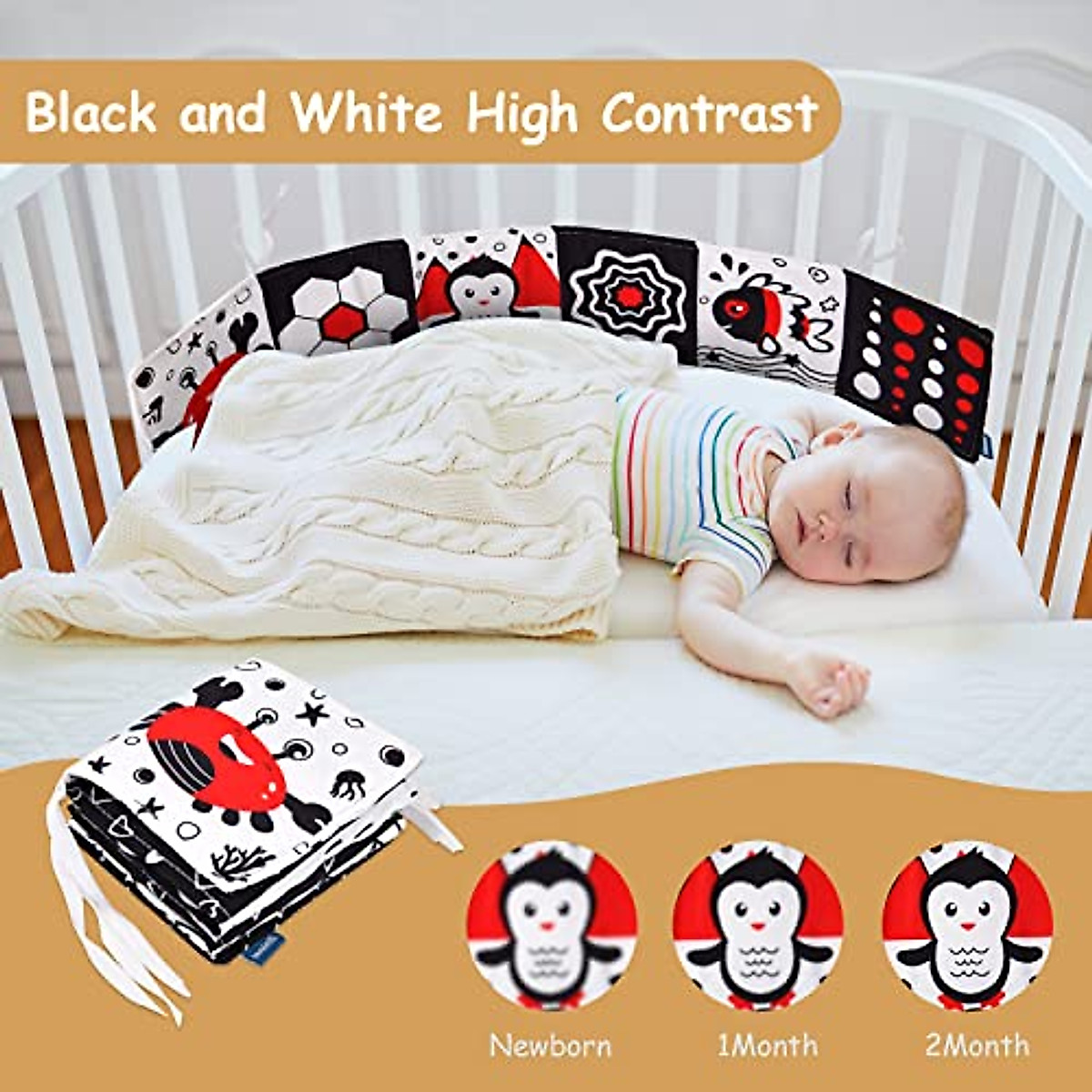 Vicloon Black and White Baby Toys, High Contrast Baby Book for Newborn 0-3 3-6 Months, Infant Tummy Time Toys, Early Education Sensory Toys, Visual Stimulation Folding Cloth Book for Boys Girls