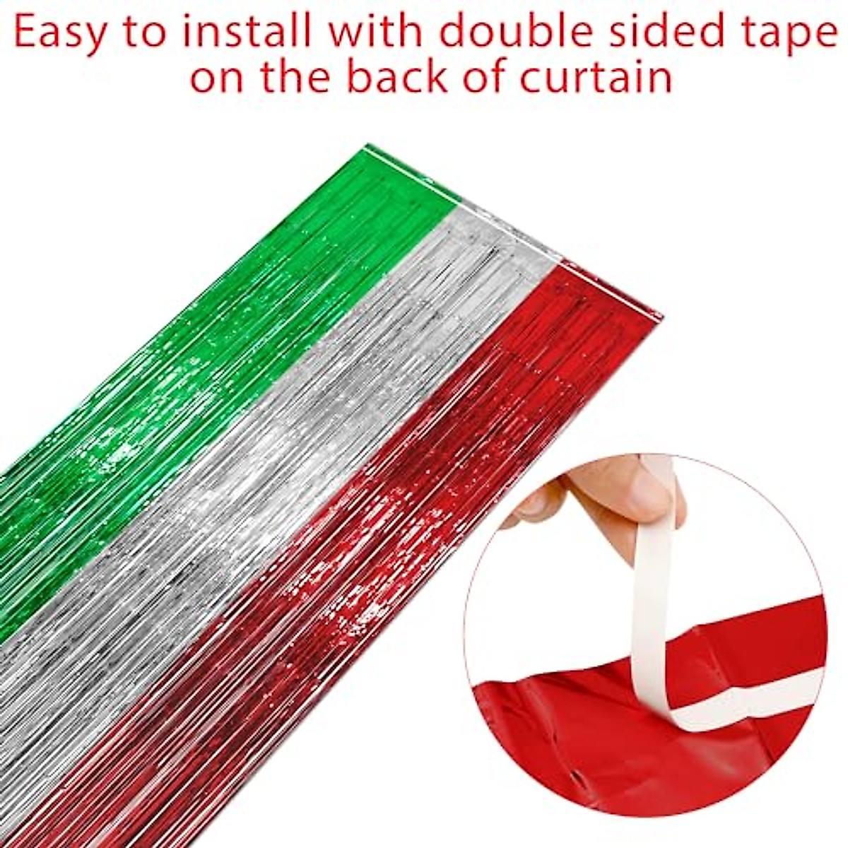 3 Packs 3.3ft x 6.6ft Christmas Foil Fringe Curtains Christmas Party Decoration Red Silver Green Tinsel Foil Fringe Curtains Shiny Metallic Backdrop Photo Booth Props for Christmas Party Supplies