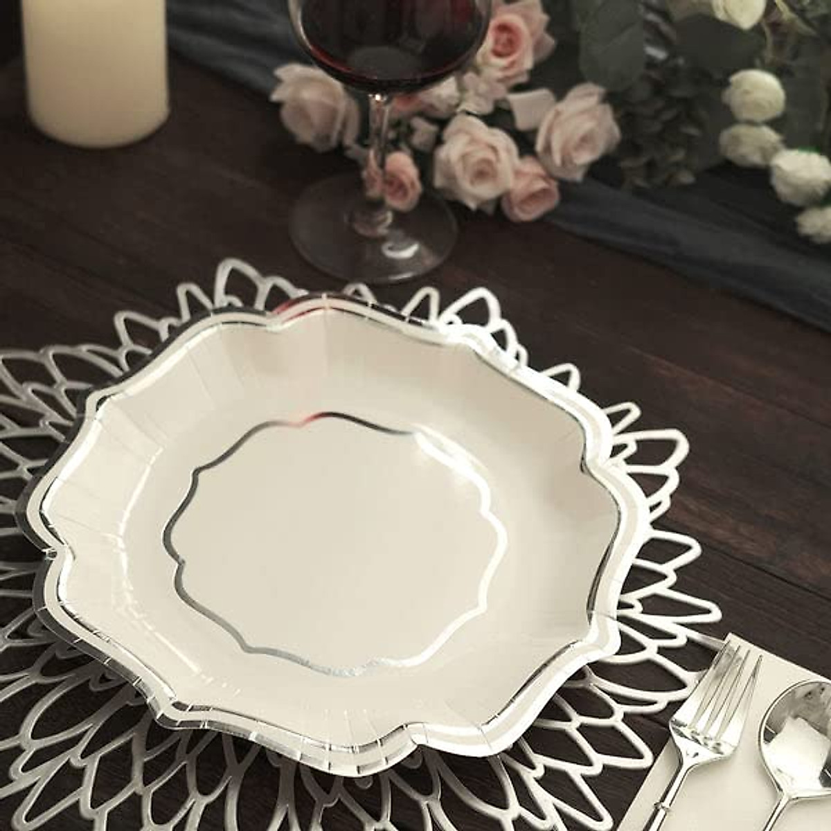 Tableclothsfactory 25 Pack | White/Silver 10" Scallop Rim Dinner Party Paper Plates, Disposable Plates - 300 GSM