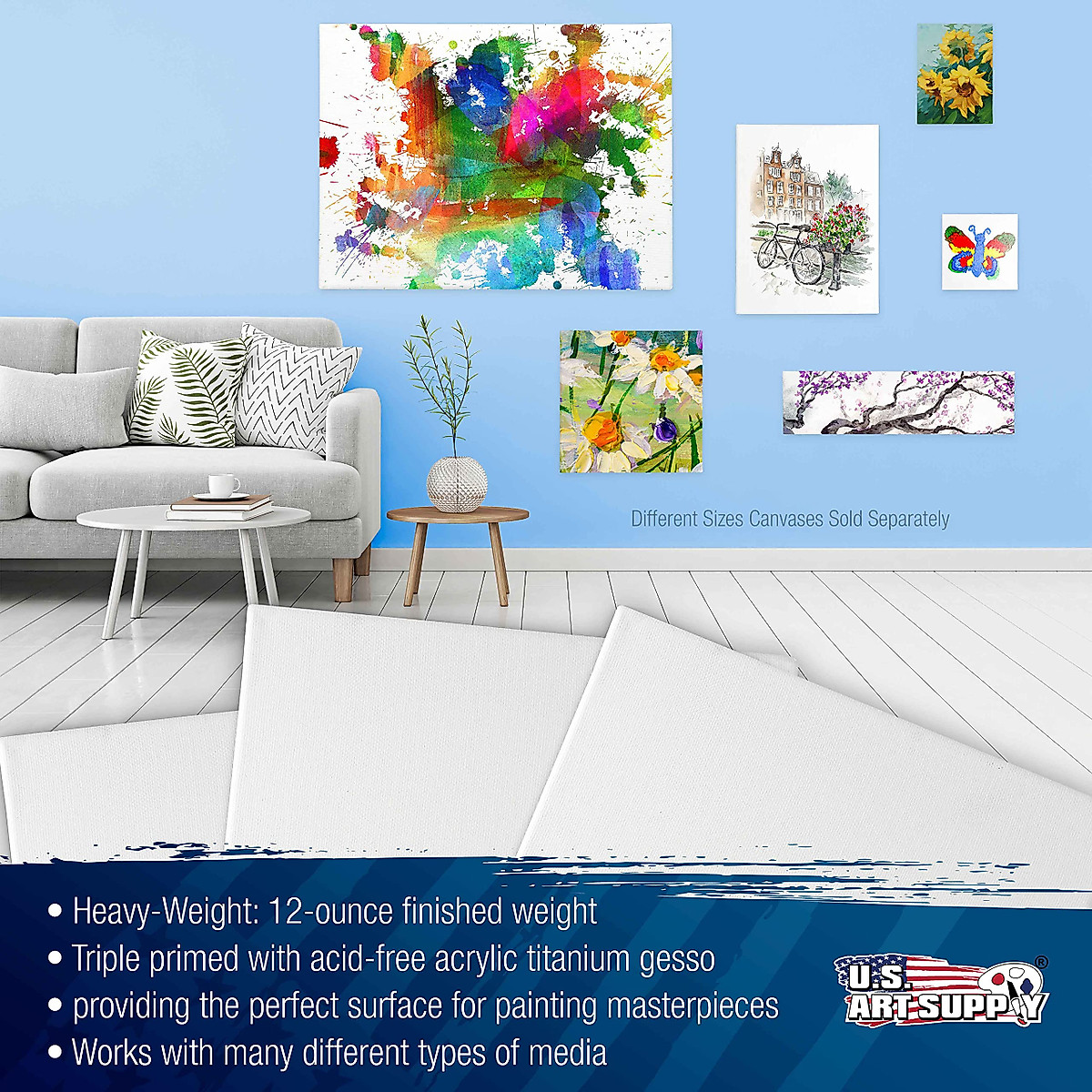 U.S. Art Supply 24 x 36 inch Stretched Canvas 12-Ounce Triple Primed, 3-Pack - Professional Artist Quality White Blank 3/4" Profile, 100% Cotton, Heavy-Weight Gesso - Acrylic Pouring, Oil Painting