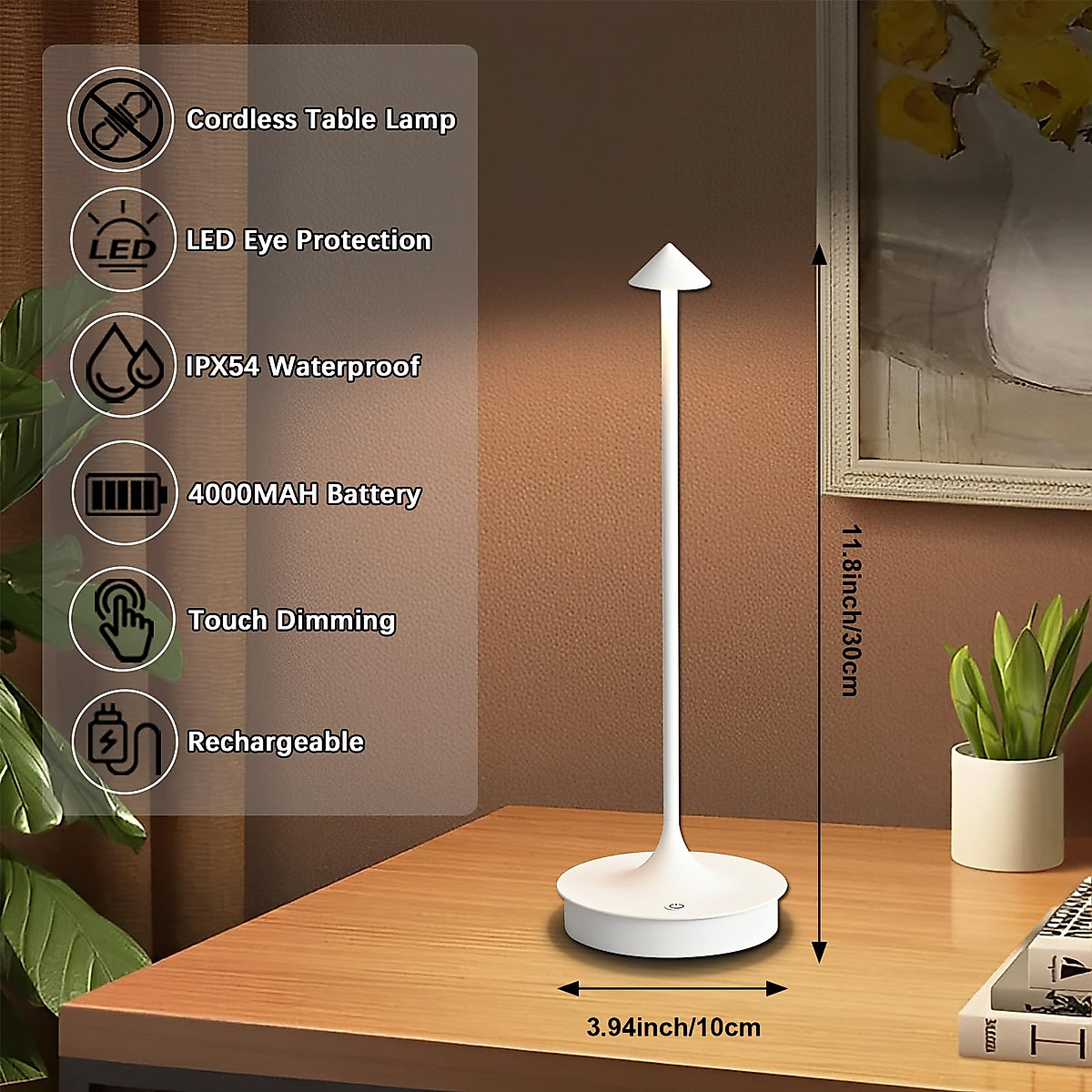 Cordless Table Lamp Rechargeable LED Table Lamps Battery Operated 4000mAh Touch Dimmable Wireless Lamp Waterproof Portable Outdoor Table Light for Restaurants and Dining Home Indoor/Outdoor Use