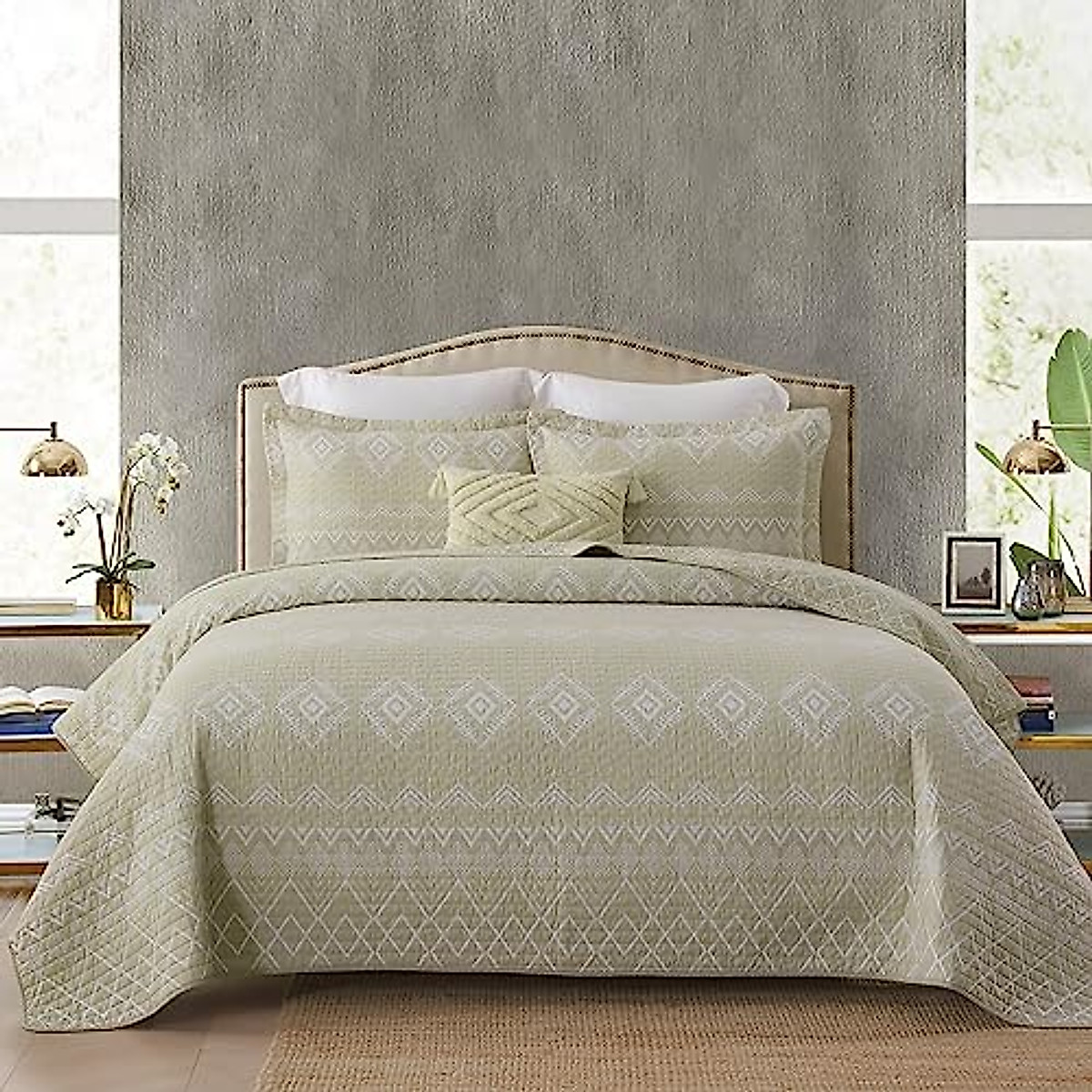 Finlonte King Size Quilt, 100% Cotton Lightweight Boho King Bedspread, Beige White Striped Geometric Soft Reversible Quilt King Size Bedding Set for All Season, 3-Pieces