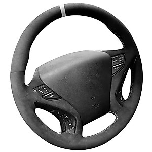 Alfanxi Hand Stitch Alcantara Steering Wheel Cover Compatible with Hyundai Elantra 3 Elantra Sport Elantra GT 2013-2017(White Stripe)