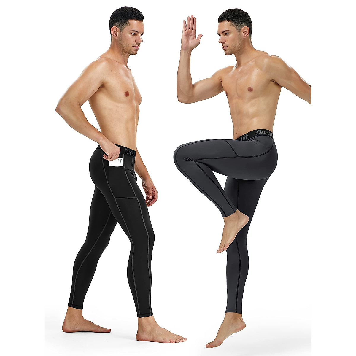 Runhit Compression Pants Men Leggings with Pocket Running Tight for Men Workout Athletic Sweat Jogger Pants Thermal Winter Base Layer Black 2 Pack 3XL