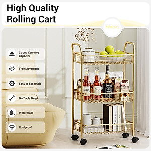 MNOPQ 3 Tier Rolling Utility Cart, Storage Trolley Service Cart with Wheels Easy Assembly for Kitchen, Living Room, Office, Salon, Gold