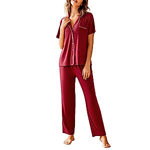 Avidlove Women Pajamas Set Notch Collar Soft Sleepwear Pjs Short Sleeve Button Down Nightwear with Long Pants Wine Red