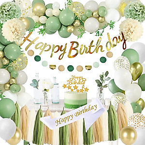 Upgraded Sage Green Birthday Party Decorations for Girls Women with Happy birthday Sash,Banner,Tissue Pompoms,Circle Dots Garland,Paper Tassels Garland, cake topper for Her Birthday Decor (sage green)